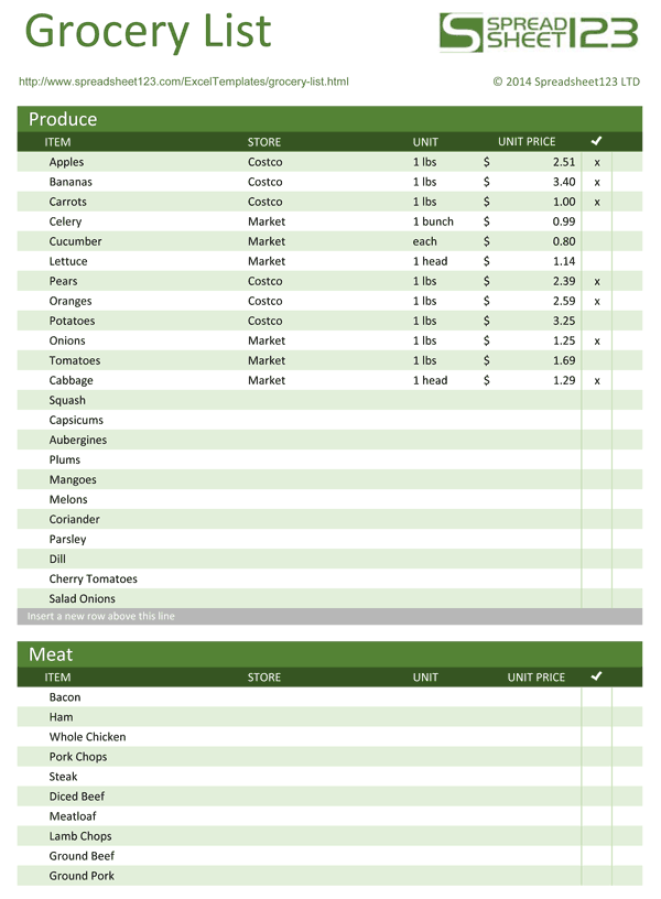 Printable Grocery List And Shopping List Templates For Excel
