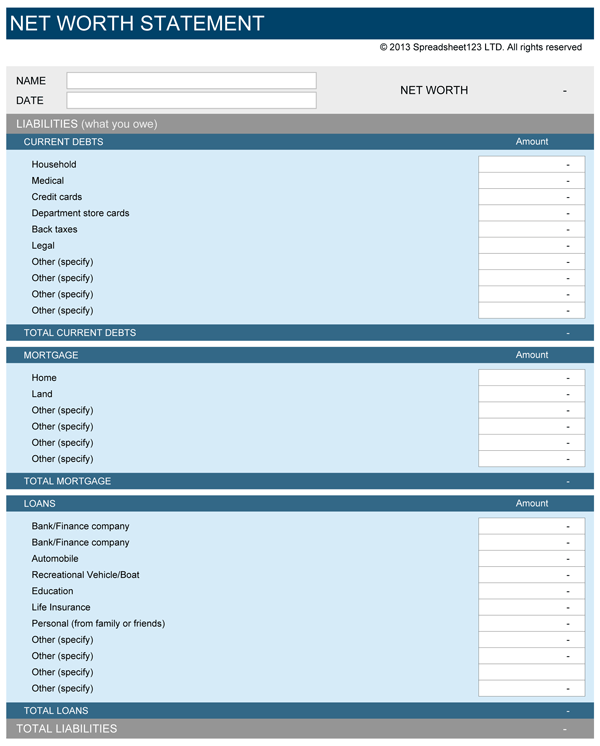 Net Worth Statement Template For Excel
