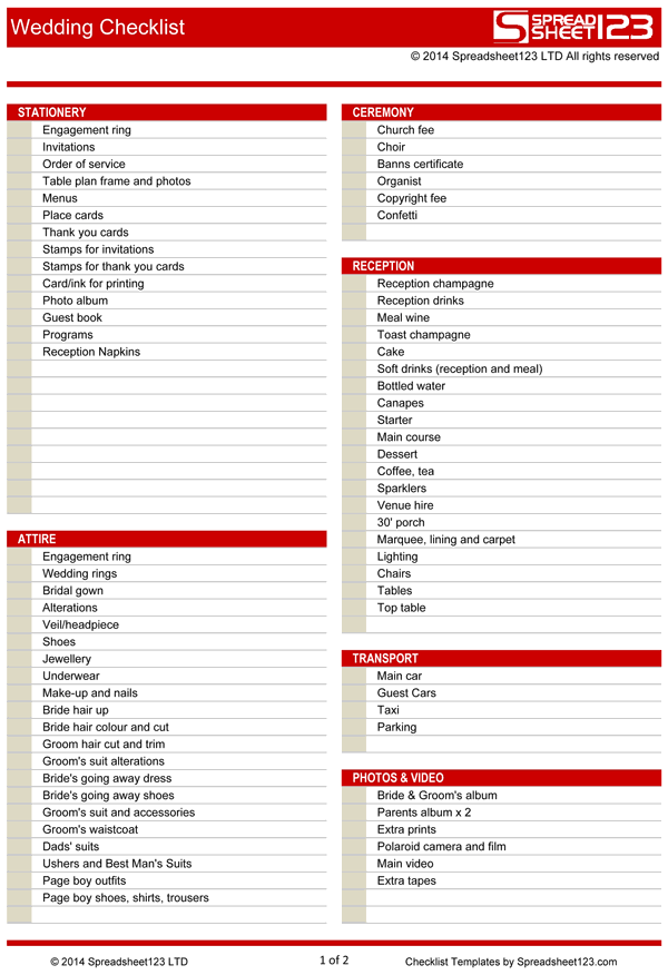 Wedding Checklist Free Template For Excel