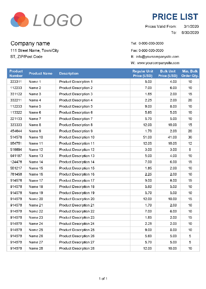 Printable Price List Template For Excel