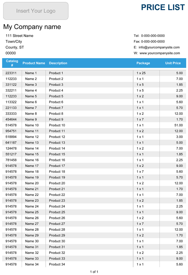 Printable Price List Template For Excel