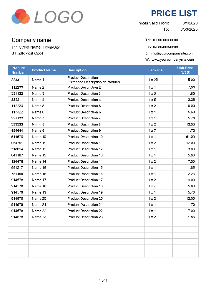Printable Price List Template For Excel
