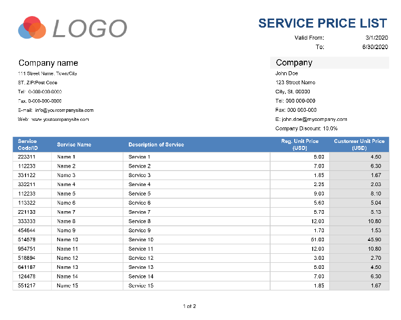 Printable Price List Template For Excel