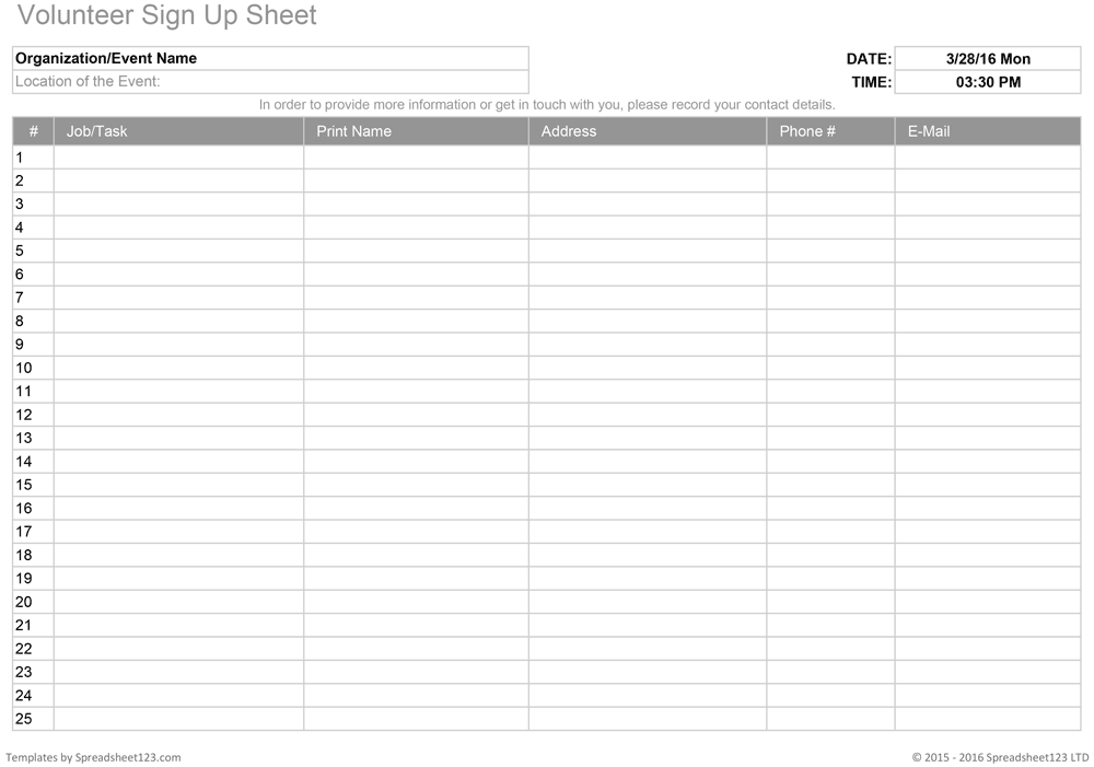 Volunteer Sign Up Sheet Template With Time Slots