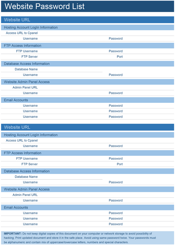 Website Password List Template For Excel