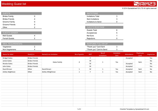 Wedding Guest List Free Template For Excel