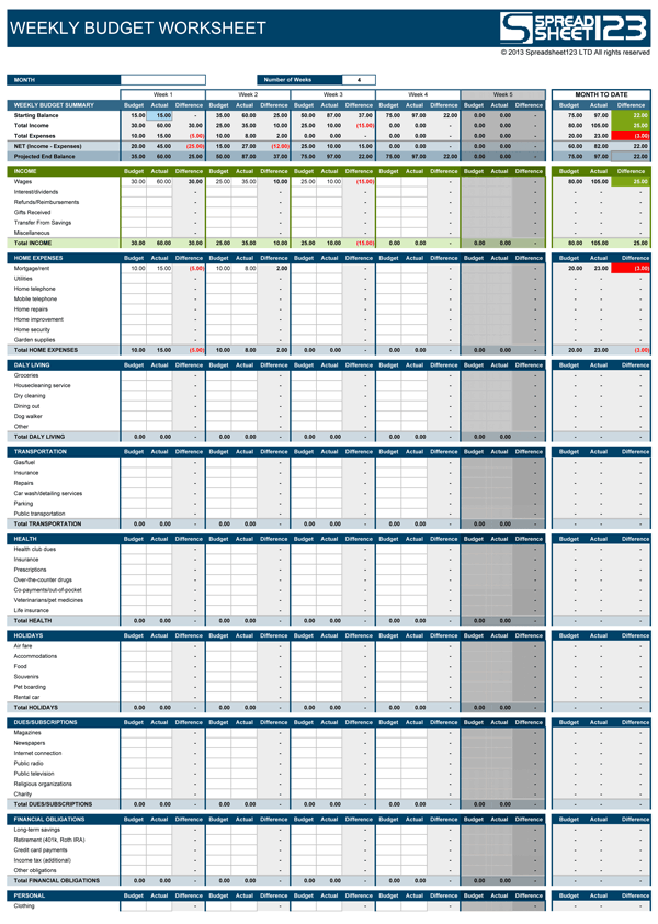 Weekly Budget Free Budget Spreadsheet For Excel