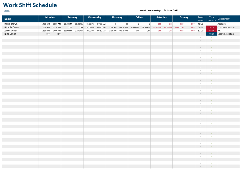 Work Shift Schedule Timetable Template For Excel