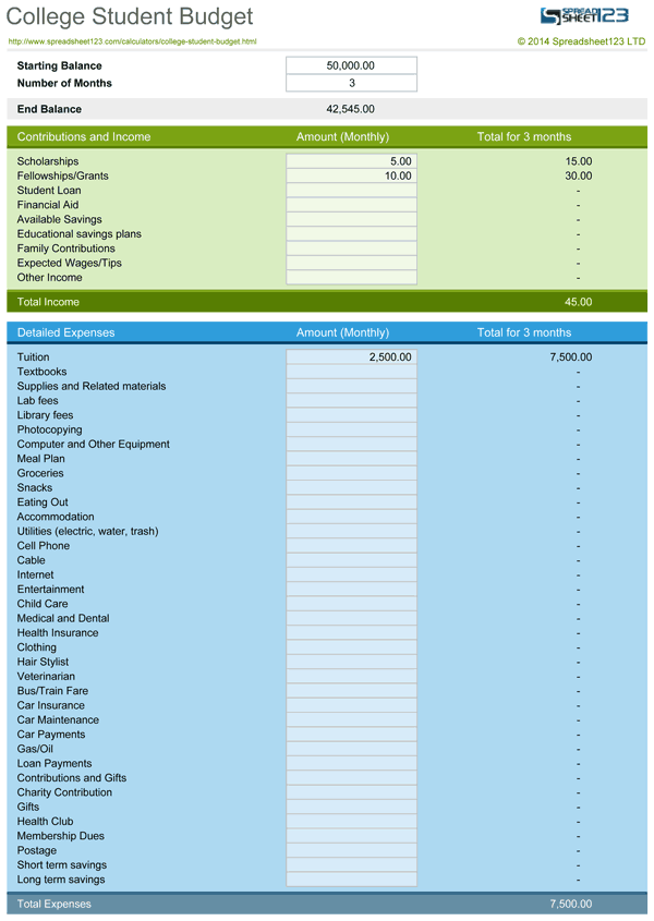 Free College Student Budget Calculator For Excel